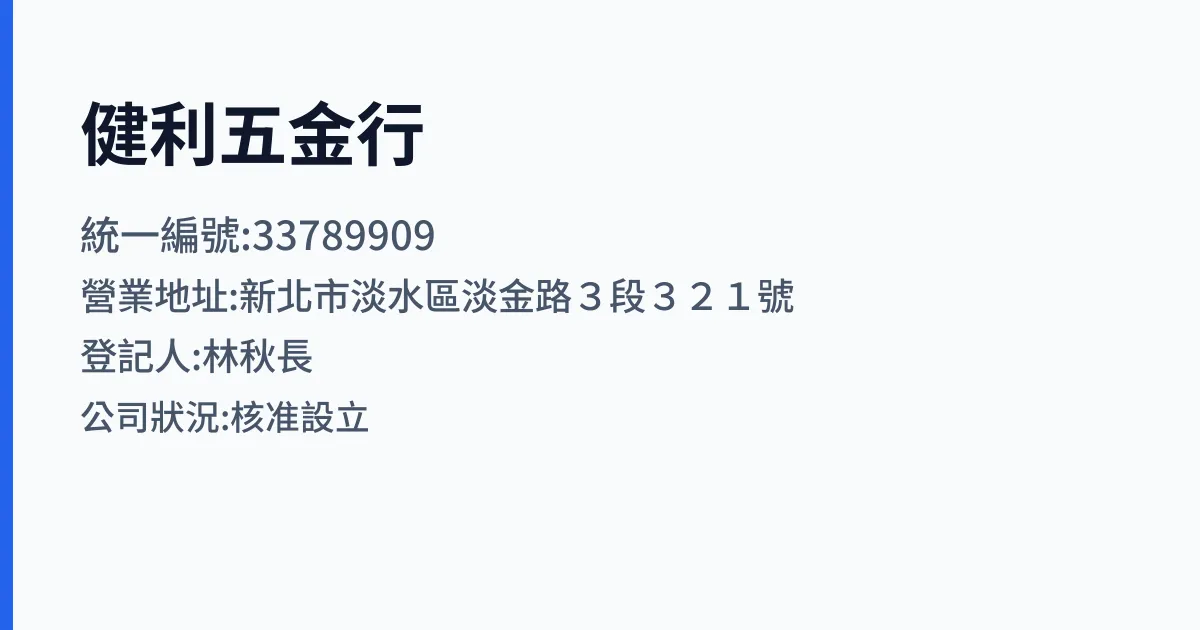 健利五金行 - 統編 33789909(新北市) 公司登記資料與營業項目詳細圖表
