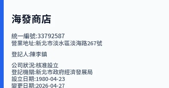 海發商店的照片-統編 33792587(新北市) 公司登記資料與營業項目詳細圖表