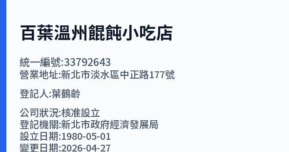 百葉溫州餛飩小吃店的照片-統編 33792643(新北市) 公司登記資料與營業項目詳細圖表