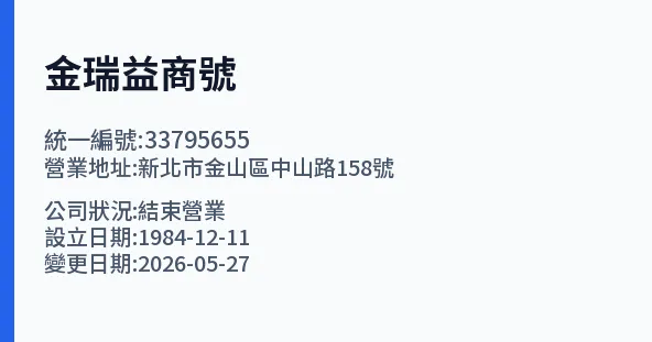 金瑞益商號的照片-統編 33795655(新北市) 公司登記資料與營業項目詳細圖表