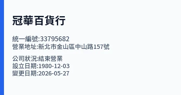 冠華百貨行的照片-統編 33795682(新北市) 公司登記資料與營業項目詳細圖表