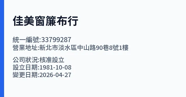 佳美窗簾布行的照片-統編 33799287(新北市) 公司登記資料與營業項目詳細圖表