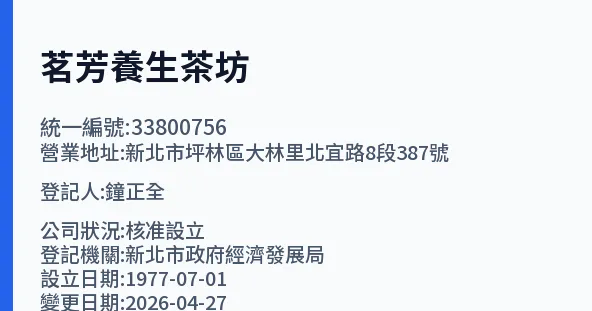 茗芳養生茶坊的照片-統編 33800756(新北市) 公司登記資料與營業項目詳細圖表