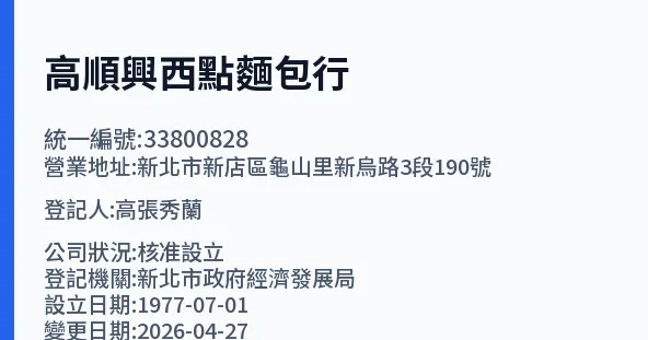 高順興西點麵包行的照片-統編 33800828(新北市) 公司登記資料與營業項目詳細圖表