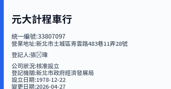 元大計程車行的照片-統編 33807097(新北市) 公司登記資料與營業項目詳細圖表