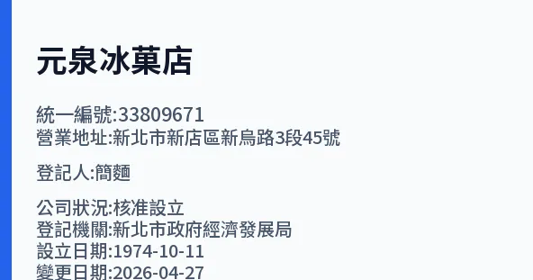 元泉冰菓店的照片-統編 33809671(新北市) 公司登記資料與營業項目詳細圖表