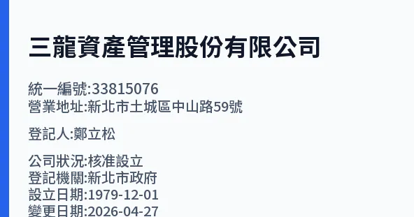 三龍資產管理股份有限公司的照片-統編 33815076(新北市) 公司登記資料與營業項目詳細圖表