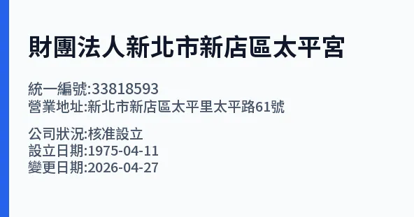財團法人新北市新店區太平宮的照片-統編 33818593(新北市) 公司登記資料與營業項目詳細圖表