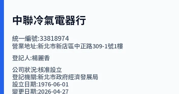 中聯冷氣電器行的照片-統編 33818974(新北市) 公司登記資料與營業項目詳細圖表