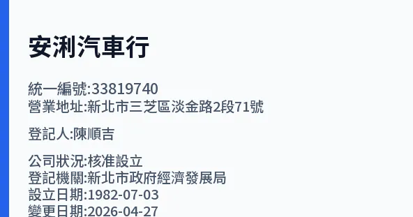 安浰汽車行的照片-統編 33819740(新北市) 公司登記資料與營業項目詳細圖表