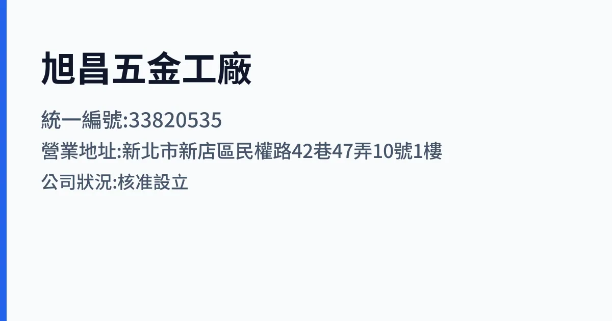 旭昌五金工廠 - 統編 33820535(新北市) 公司登記資料與營業項目詳細圖表
