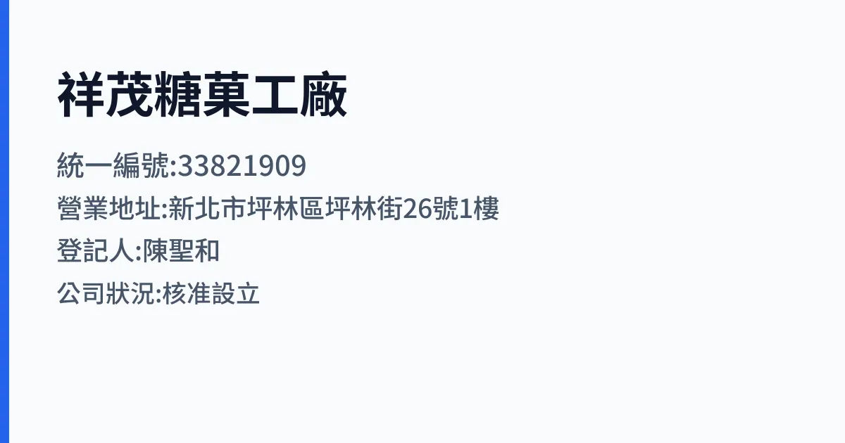 祥茂糖菓工廠 - 統編 33821909(新北市) 公司登記資料與營業項目詳細圖表