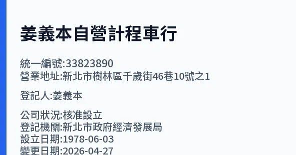 姜義本自營計程車行的照片-統編 33823890(新北市) 公司登記資料與營業項目詳細圖表