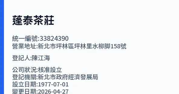 蓬泰茶莊的照片-統編 33824390(新北市) 公司登記資料與營業項目詳細圖表