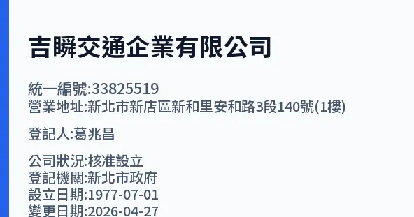 吉瞬交通企業有限公司的照片-統編 33825519(新北市) 公司登記資料與營業項目詳細圖表