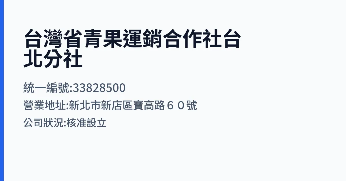 台灣省青果運銷合作社台北分社 - 統編 33828500（新北市） 公司登記資料與營業項目詳細圖表