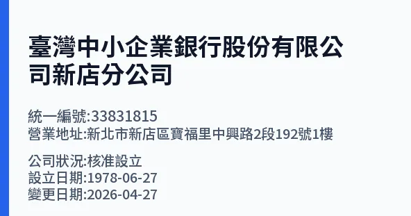 臺灣中小企業銀行股份有限公司新店分公司的照片-統編 33831815(新北市) 公司登記資料與營業項目詳細圖表