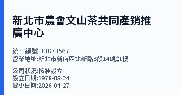 新北市農會文山茶共同產銷推廣中心的照片-統編 33833567(新北市) 公司登記資料與營業項目詳細圖表