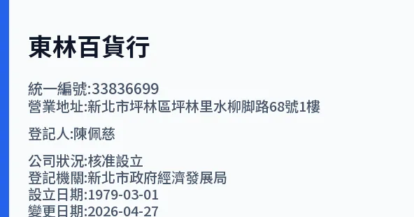 東林百貨行的照片-統編 33836699(新北市) 公司登記資料與營業項目詳細圖表