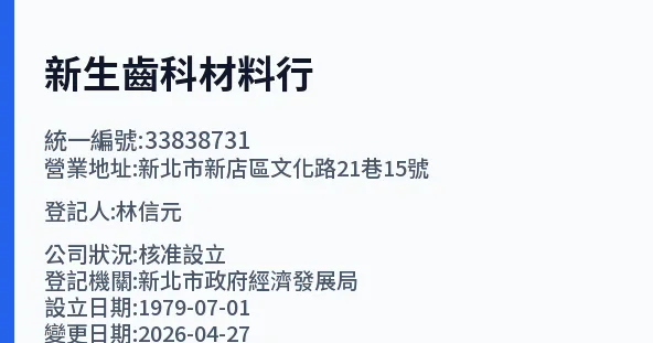新生齒科材料行的照片-統編 33838731(新北市) 公司登記資料與營業項目詳細圖表