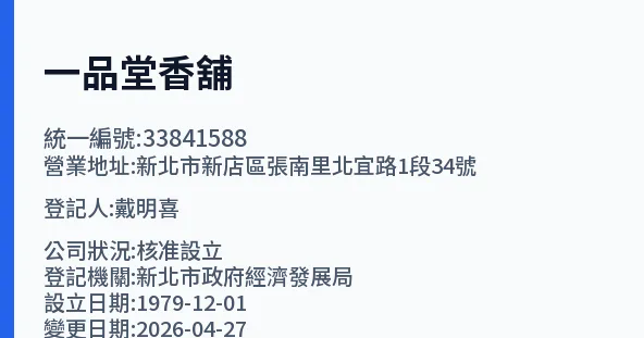 一品堂香舖的照片-統編 33841588(新北市) 公司登記資料與營業項目詳細圖表