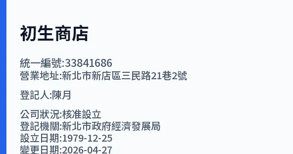 初生商店的照片-統編 33841686(新北市) 公司登記資料與營業項目詳細圖表