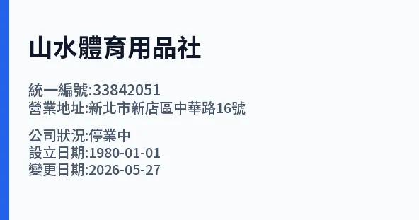 山水體育用品社的照片-統編 33842051(新北市) 公司登記資料與營業項目詳細圖表
