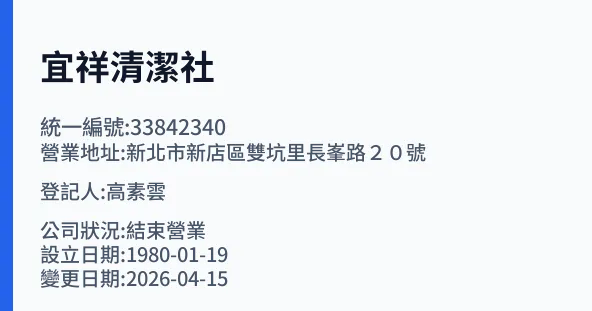 宜祥清潔社的照片-統編 33842340(新北市) 公司登記資料與營業項目詳細圖表