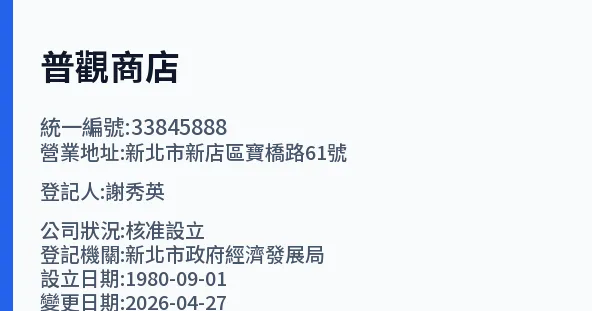 普觀商店的照片-統編 33845888(新北市) 公司登記資料與營業項目詳細圖表