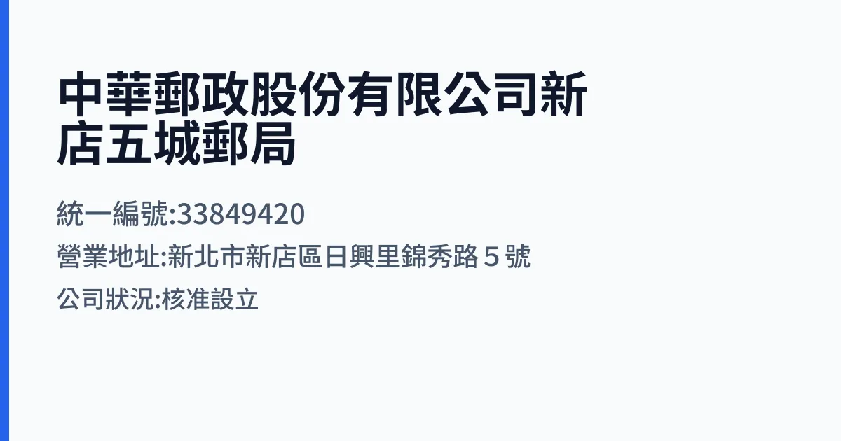 中華郵政股份有限公司新店五城郵局 - 統編 33849420(新北市) 公司登記資料與營業項目詳細圖表
