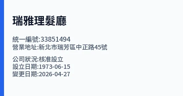 瑞雅理髮廳的照片-統編 33851494(新北市) 公司登記資料與營業項目詳細圖表