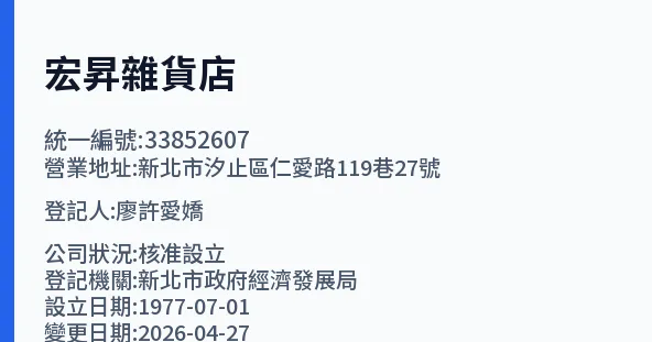 宏昇雜貨店的照片-統編 33852607(新北市) 公司登記資料與營業項目詳細圖表