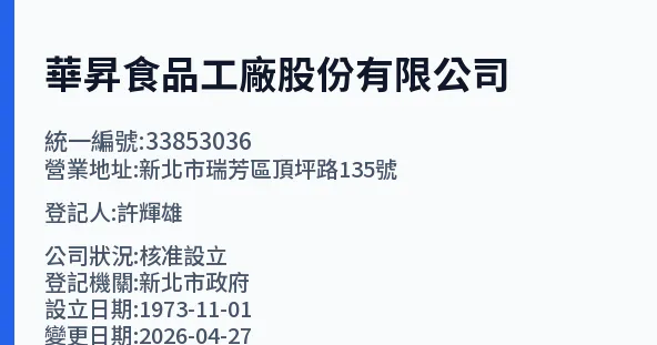 華昇食品工廠股份有限公司的照片-統編 33853036(新北市) 公司登記資料與營業項目詳細圖表