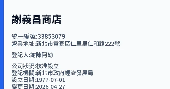 謝義昌商店的照片-統編 33853079(新北市) 公司登記資料與營業項目詳細圖表