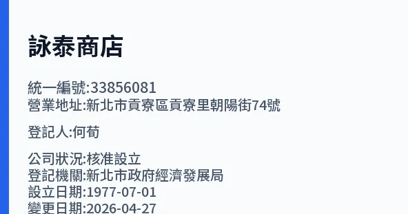 詠泰商店的照片-統編 33856081(新北市) 公司登記資料與營業項目詳細圖表