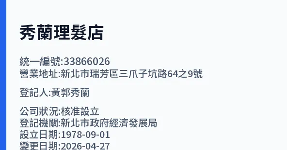 秀蘭理髮店的照片-統編 33866026(新北市) 公司登記資料與營業項目詳細圖表