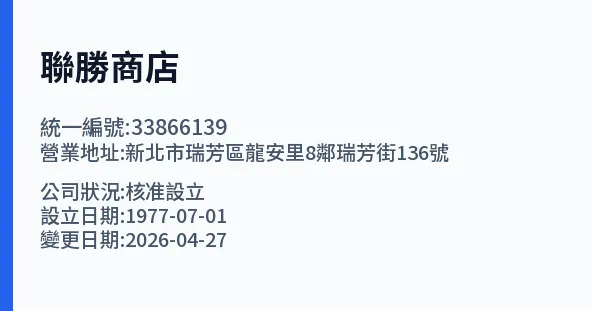 聯勝商店的照片-統編 33866139(新北市) 公司登記資料與營業項目詳細圖表