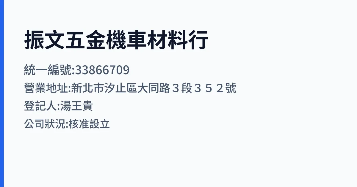 振文五金機車材料行 - 統編 33866709(新北市) 公司登記資料與營業項目詳細圖表