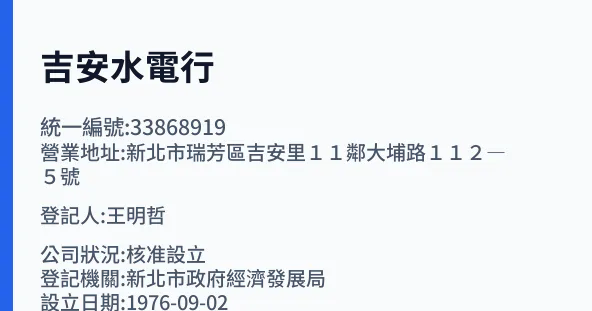 吉安水電行的照片-統編 33868919(新北市) 公司登記資料與營業項目詳細圖表