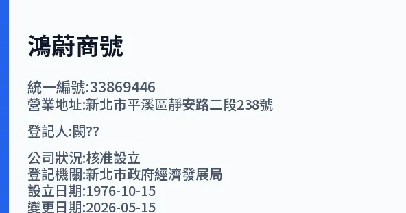 鴻蔚商號的照片-統編 33869446(新北市) 公司登記資料與營業項目詳細圖表