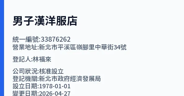 男子漢洋服店的照片-統編 33876262(新北市) 公司登記資料與營業項目詳細圖表