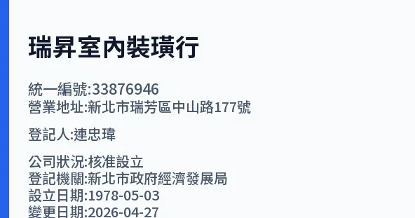 瑞昇室內裝璜行的照片-統編 33876946(新北市) 公司登記資料與營業項目詳細圖表