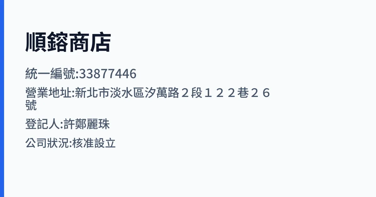 順鎔商店 - 統編 33877446(新北市) 公司登記資料與營業項目詳細圖表