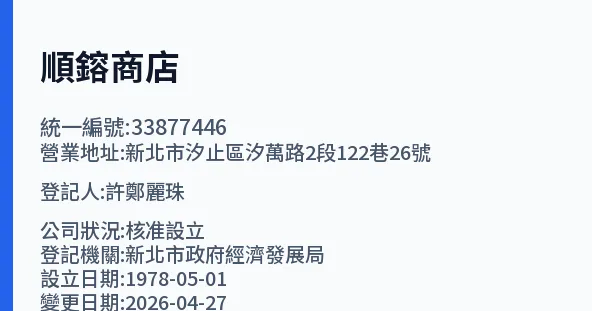 順鎔商店的照片-統編 33877446(新北市) 公司登記資料與營業項目詳細圖表