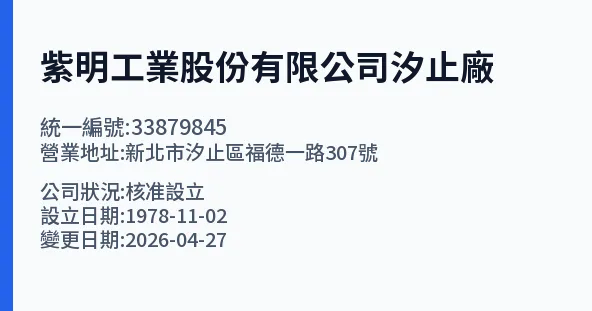 紫明工業股份有限公司汐止廠的照片-統編 33879845(新北市) 公司登記資料與營業項目詳細圖表