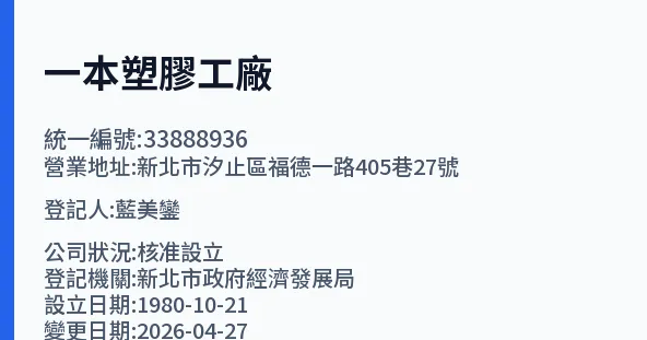 一本塑膠工廠的照片-統編 33888936(新北市) 公司登記資料與營業項目詳細圖表
