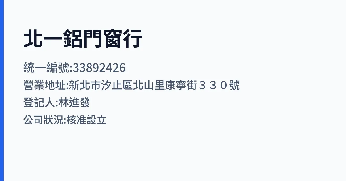 北一鋁門窗行 - 統編 33892426(新北市) 公司登記資料與營業項目詳細圖表