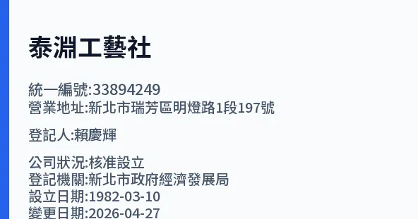 泰淵工藝社的照片-統編 33894249(新北市) 公司登記資料與營業項目詳細圖表