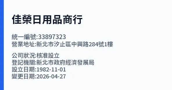 佳榮日用品商行的照片-統編 33897323(新北市) 公司登記資料與營業項目詳細圖表