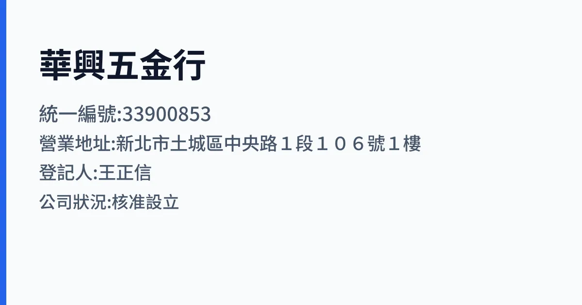 華興五金行 - 統編 33900853（新北市） 公司登記資料與營業項目詳細圖表